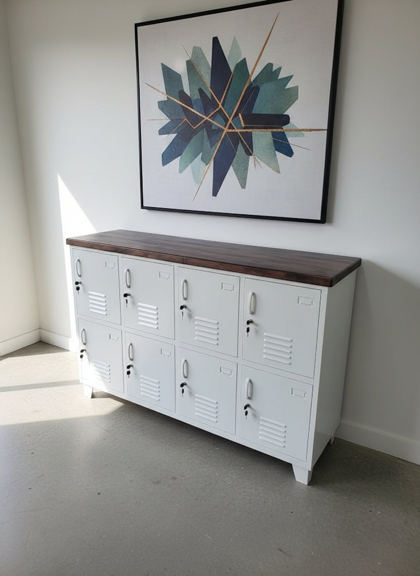 White 8 Door Sideboard Locker Dark Rimu Top – NZ Locker Shop