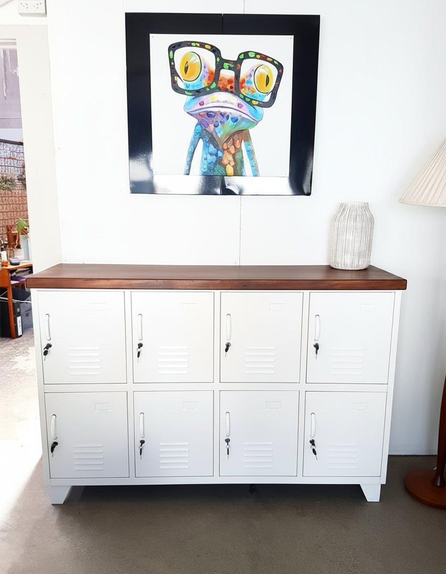 White 8 Door Sideboard Locker Dark Rimu Top – NZ Locker Shop